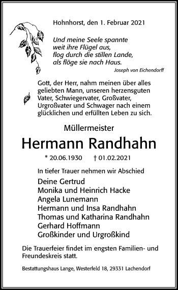 Traueranzeigen von Hermann Randhahn | Trauerportal der Celleschen Zeitung