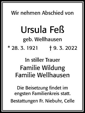 Traueranzeigen von Ursula Feß | Trauerportal der Celleschen Zeitung