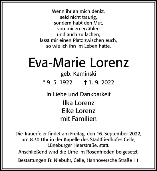 Traueranzeigen von Eva-Marie Lorenz | Trauerportal der Celleschen Zeitung