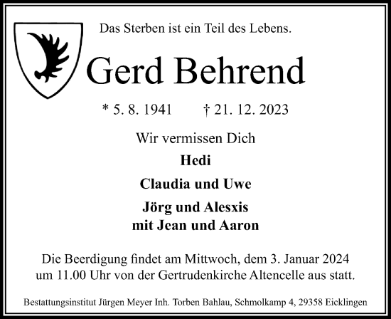 Traueranzeigen von Gerd Behrend | Trauerportal der Celleschen Zeitung