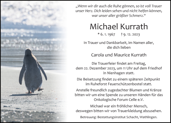 Traueranzeigen von Michael Kurrath | Trauerportal der Celleschen Zeitung