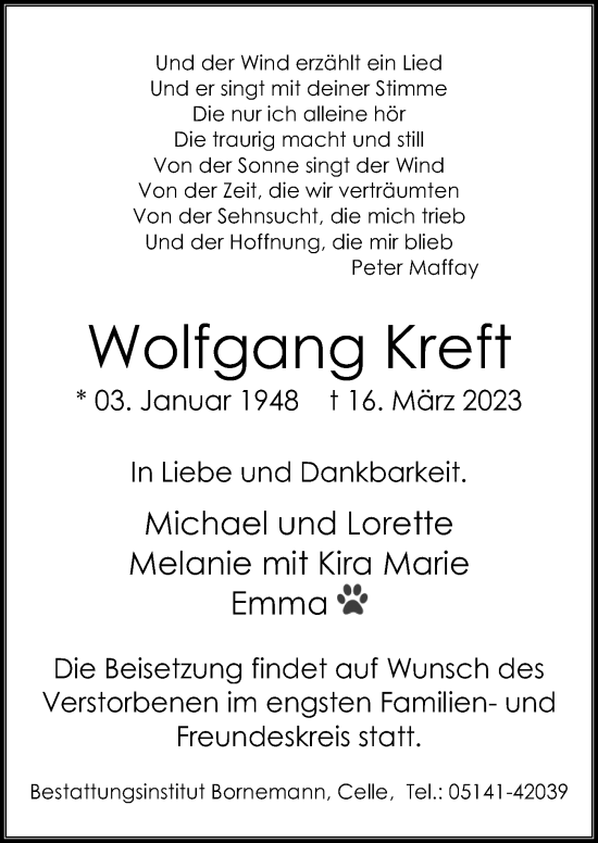Traueranzeigen von Wolfgang Kreft | Trauerportal der Celleschen Zeitung