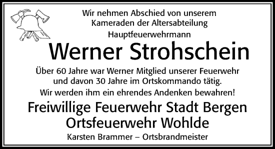 Traueranzeigen von Werner Strohschein | Trauerportal der Celleschen Zeitung