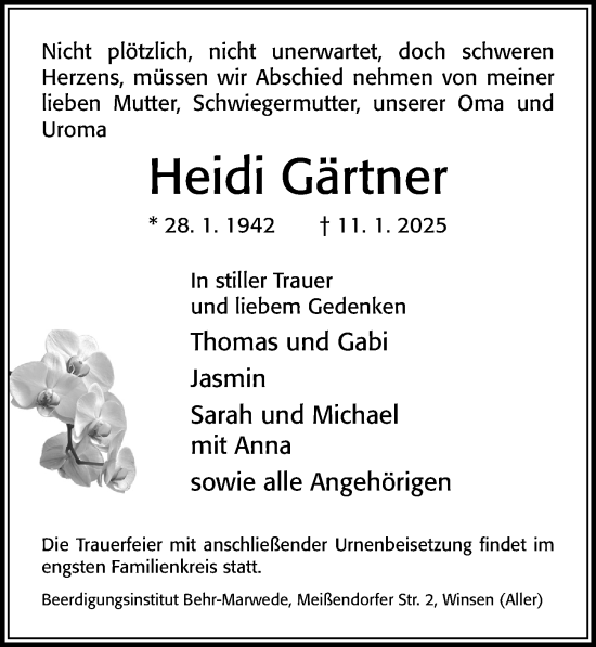 Traueranzeigen von Heidi Gärtner | Trauerportal der Celleschen Zeitung